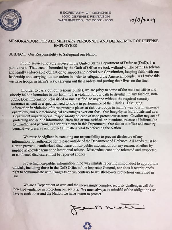 Mattis warns DoD against leaks in new memo