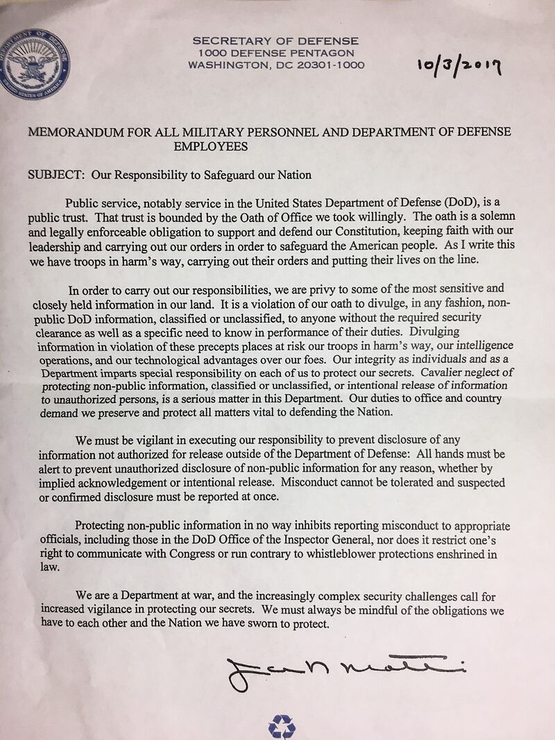 Mattis warns DoD against leaks in new memo
