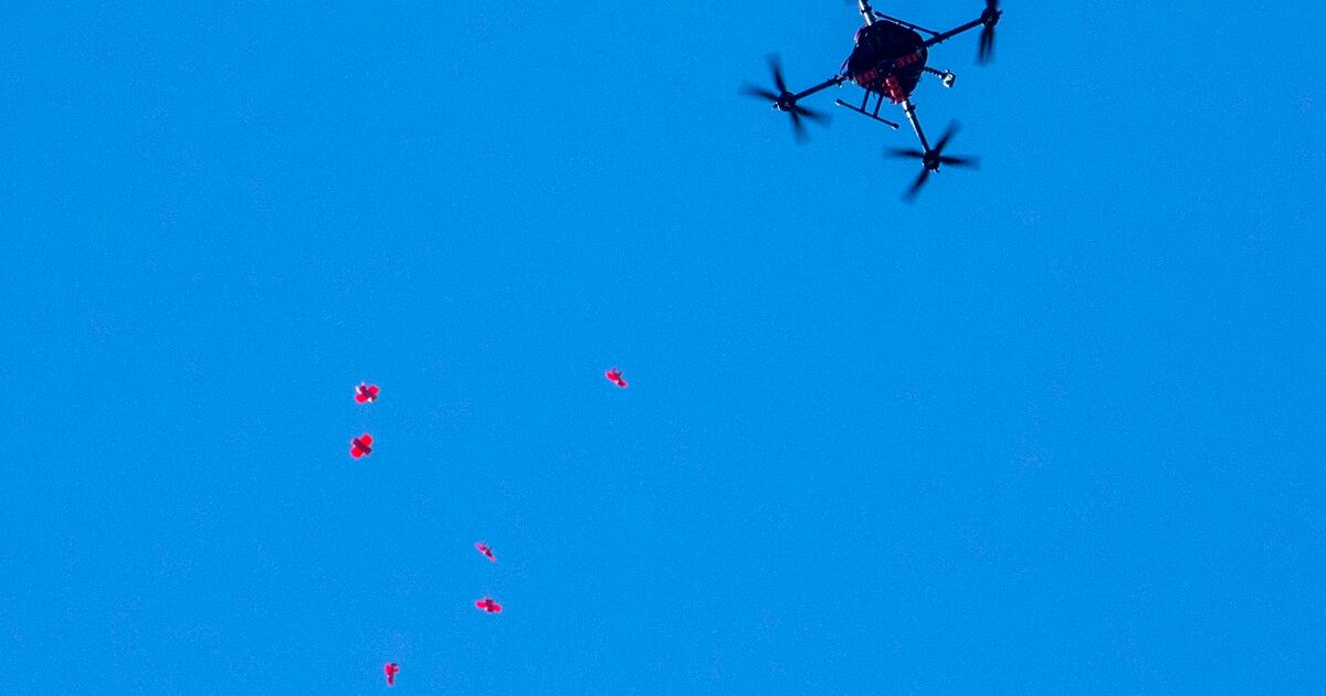 Watch a mothership drone release its swarm