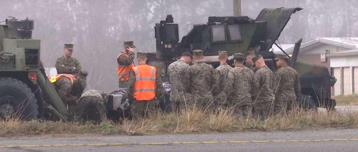 Marine Corps Humvee catches fire on North Carolina road