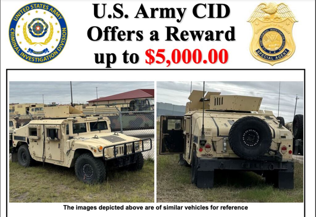 Humvee stolen from psychological operations unit; Army offering reward